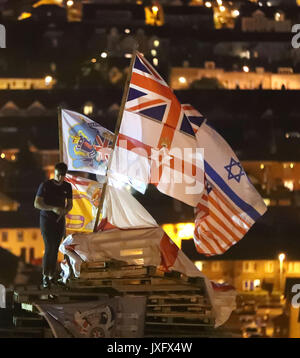 Flags on a bonfire, in the bogside area of Londonderry, which is ...