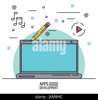 white background poster of apps development with desktop computer and ...