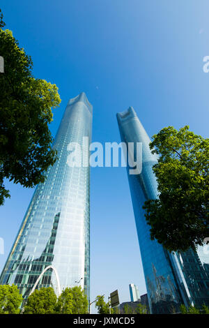 View of the twin towers of the Jiangxi Nanchang Greenland Central Plaza ...