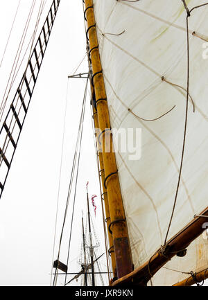 Close up of old wooden mast hoops on the mast of Reaper, a preserved ...