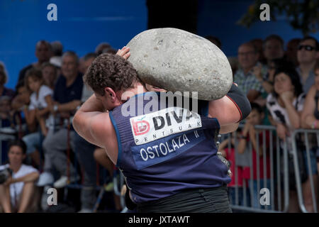 Basque stone lifter (harrijasotzaile) lifting a round stone in a ...