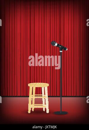 Comedy show stage with microphone and stool. Standup concert, open mike ...