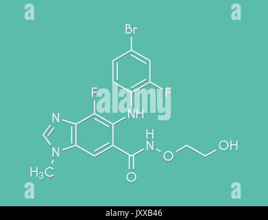 Binimetinib cancer drug molecule (MEK inhibitor). Skeletal formula ...