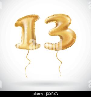 Happy 13th birthday gold foil balloon greeting background. 3D Rendering ...