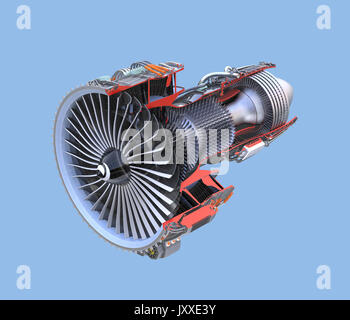 Turbofan jet engine's cross section frame isolated on blue background. 3D rendering image Stock ...