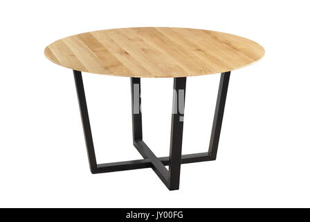 Wooden table steel legs simplistic on white background, work with path ...