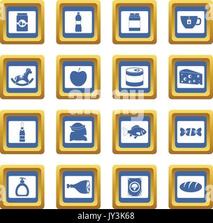 Shop navigation foods icons set vector blue square isolated on white ...