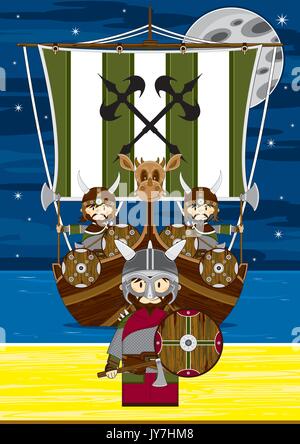 Cartoon Norse Viking Warriors and Longship Vector Illustration Stock ...