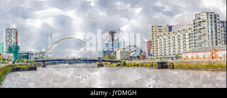 Watercolour painting of the Clyde Arc road bridge spanning the River ...