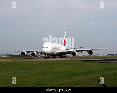 Emirates double-deck jet airliner Airbus A380 landing in Prague after a ...