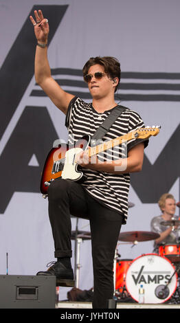 The Vamps lead singer Bradley Simpson plays at the MTV Stage during the ...