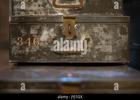 old metal lockbox, vintage money case - deposit box safe Stock Photo ...