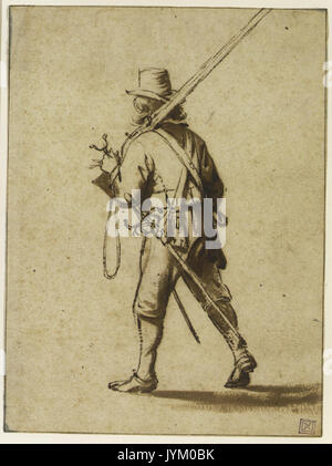 17th century military musketeer walking with musket over shoulder in ...