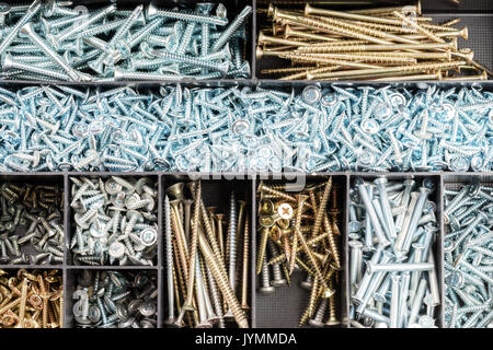 many screws in plastic organizer box top view Stock Photo - Alamy