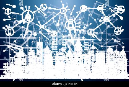 Smart City with Neon Buildings, Networks and Internet of Things Icons ...