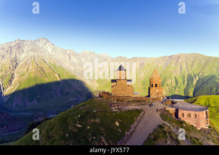 Aerial view to Gergeti Trinity Church or Tsminda Sameba, Holy Trinity ...