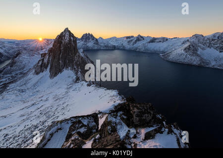 Norway, Senja, island, Segla, mountain, moon, back light, winter Stock ...
