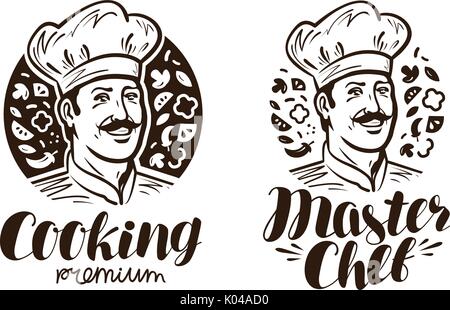 Portrait of happy chef, logo. Icon and label for design menu restaurant ...