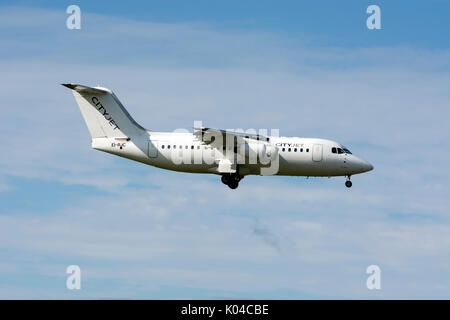 A CityJet Avro RJ85 registration EI-RJI deploys its tail air brake as ...