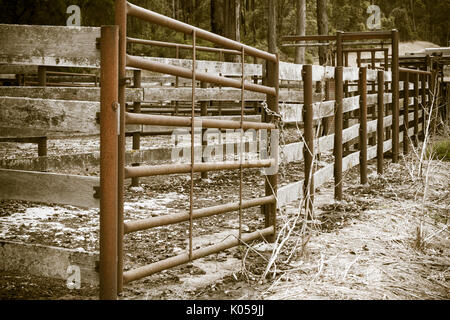 Old empty cattle yards on a country property on a dull and overcast day ...