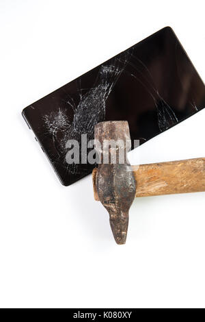 Tablet screen broken with a hammer. Isolated on white background Stock ...