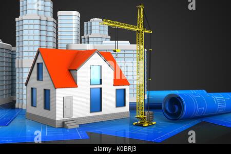 3d illustration of generic house with urban scene over green background ...