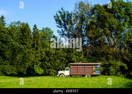 Bee keeping, mobile beehives on trailer in old Saxon village, Crit ...