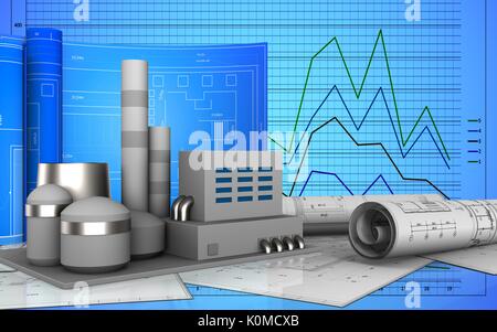3d illustration of factory with drawing roll over sky background Stock ...