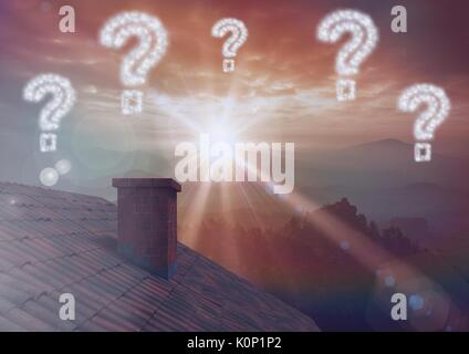 Digital composite of Question marks over roof and majestic sky Stock ...