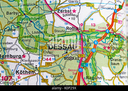 Dessau map. Close up of Dessau map with red pin. Map with red pin point ...