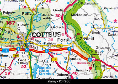 Cottbus map. Close up of Cottbus map with red pin. Map with red pin ...
