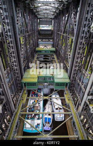 View of boats being raised inside historic ship lift at Niederfinow in ...