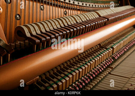 Interior of an upright piano - showing the keyboard and the mechanics ...