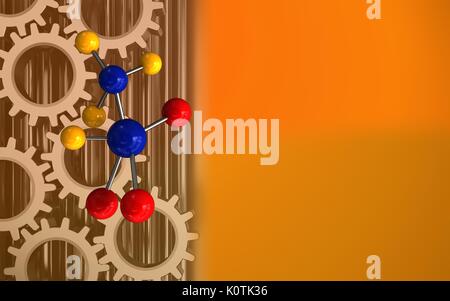 3d illustration of molecule over orange background with blue gears ...