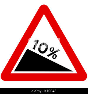 uk road sign steep hill gradient down slope downhill 10 percent ten ...