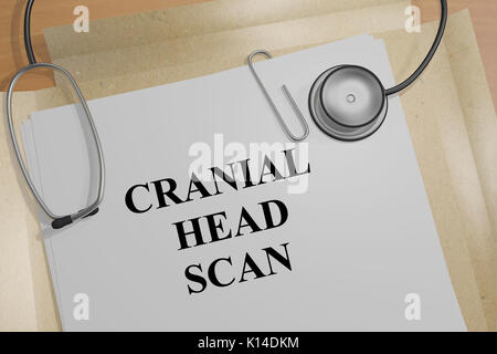3D illustration of "CRANIAL HEAD SCAN" title with CT scanner as a ...