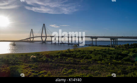 Sunset over the Arthur Ravenel Jr. Bridge, also known as the New Cooper ...
