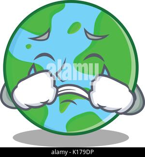 Earth cartoon character with crying face expression on white background ...