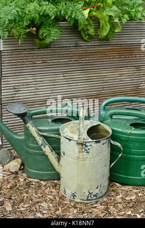 Watering beds in the garden with watering cans Stock Photo - Alamy