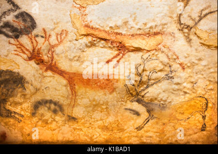 Prehistoric cave paintings of Red Deer stags, (Cervus elaphus), Lascaux ...