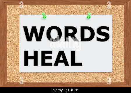 Render illustration of Words Heal title on head silhouette, with cloudy ...