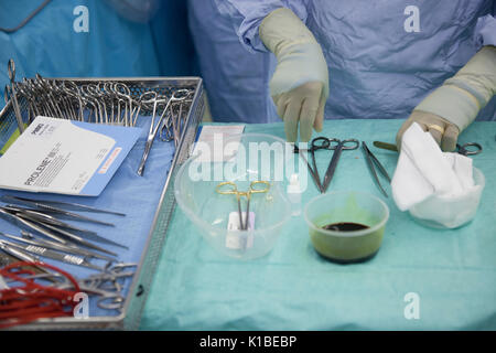 Detail of surgical instruments used during an operation in an NHS ...