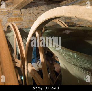 Horningsham church, Wiltshire, the bells in the 'Up' position, ready to ...