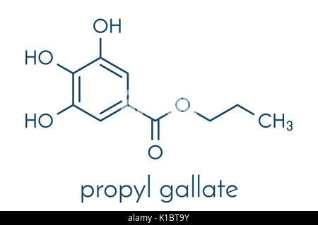 Propyl gallate antioxidant food additive molecule. Stylized skeletal ...