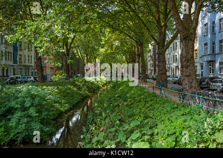 The River Düssel flowing along Karolinger Strasse in Düsseldorf ...