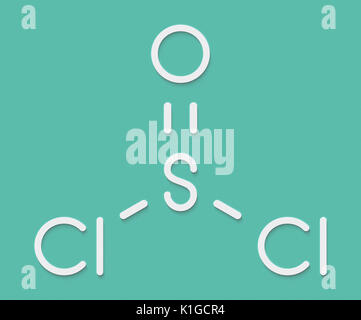 Thionyl chloride (SOCl2) chemical reagent, molecular model. Atoms are ...