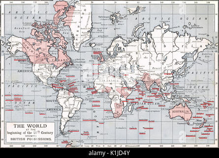 A map of the world, showing the British Empire coloured in red at the ...
