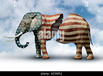 Photo illustration of a flag adorned elephant, split in two to ...