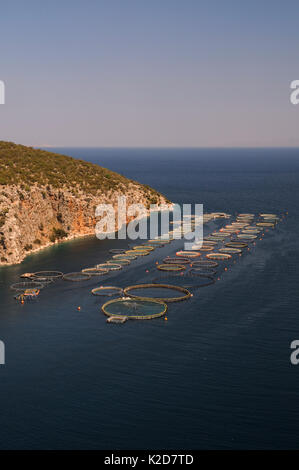 Landscape of fish farm with floating pens for Sea bass and Sea bream ...