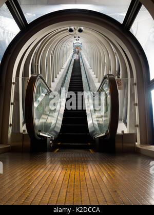 View of the spectacular escalator in Japan Building, a modern high rise ...